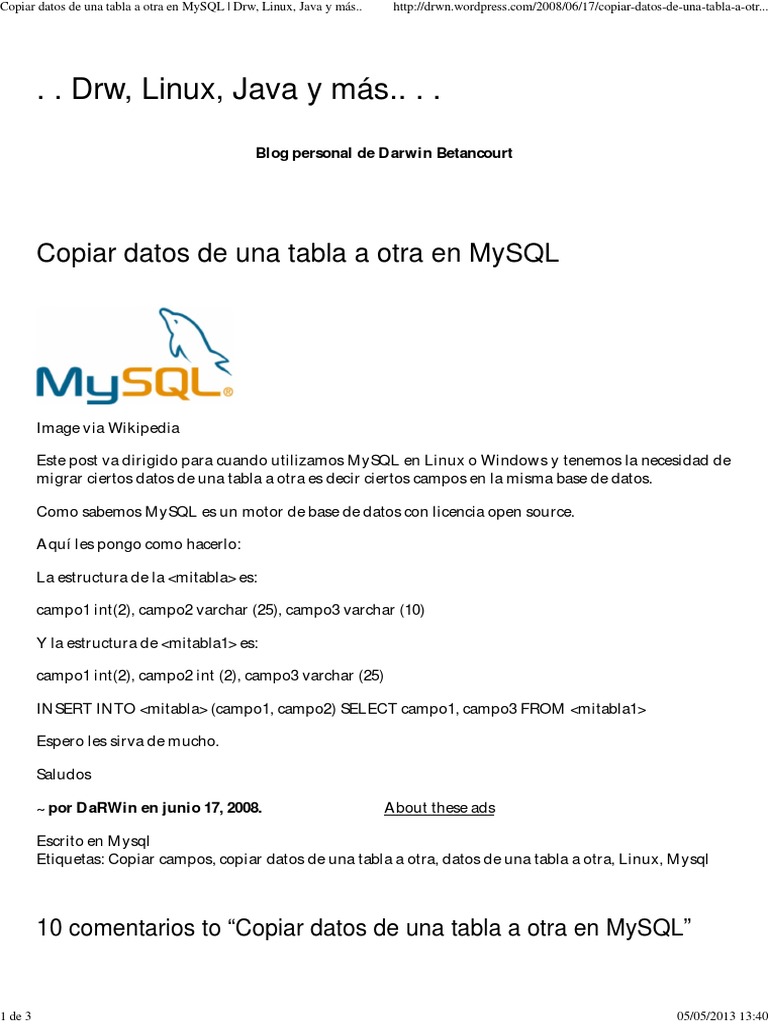 Copiar datos de una tabla a otra en MySQL _ Drw, Linux, Java y más ...