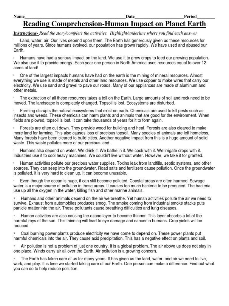Reading Comprehension-Human Impact On Planet Earth PDF | PDF | Soil | Water