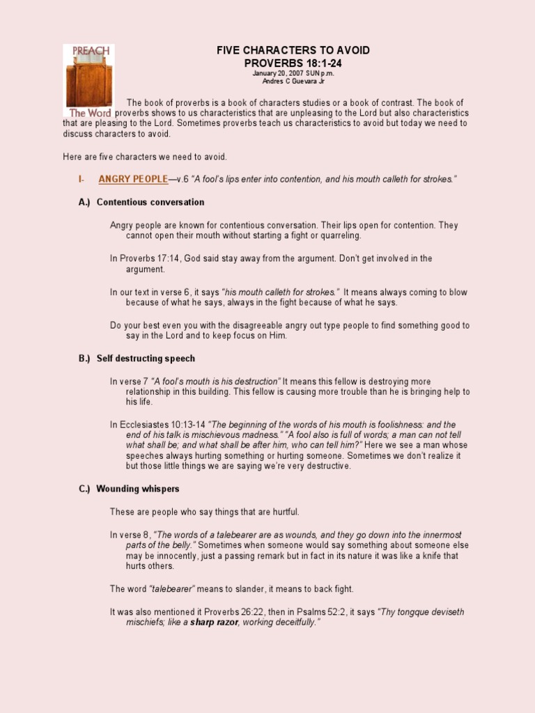 Five Characters To Avoid PROVERBS 18:1-24: I-A NG R Y Peopl E | PDF ...