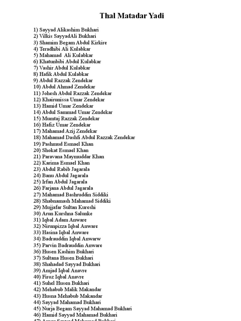 Thal Matadar Yadi: Name List | PDF