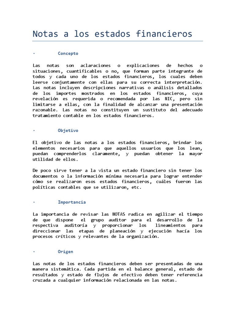 Notas A Los Estados Financieros Estado Financiero Contabilidad