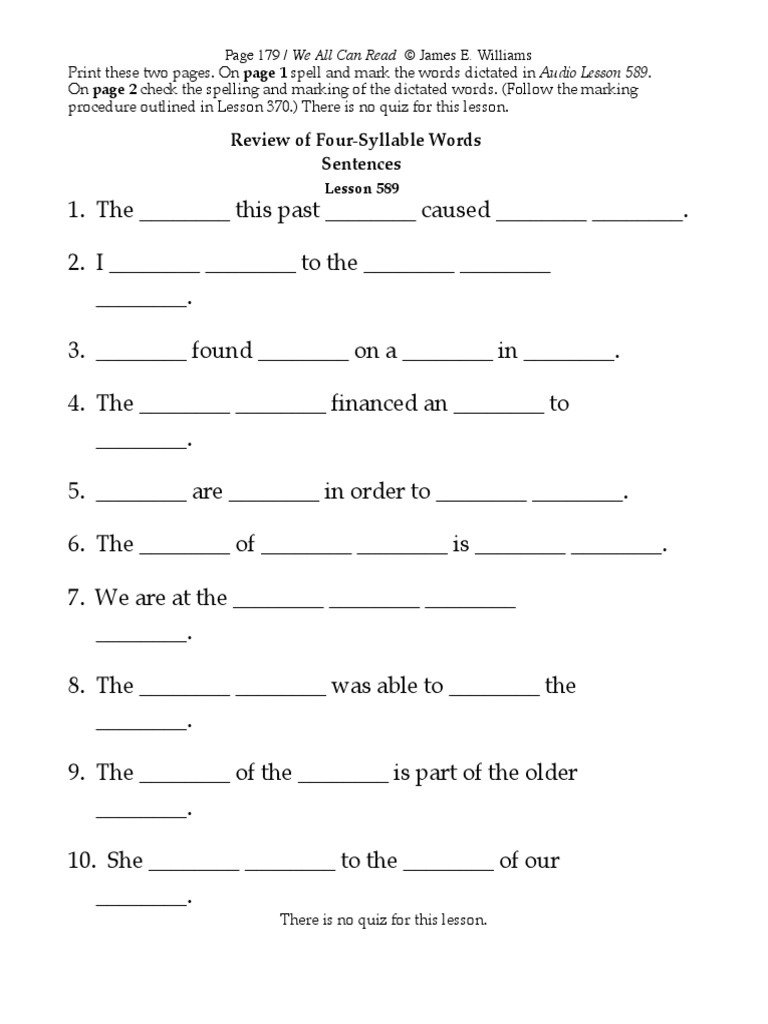 Review of Four-Syllable Words Sentences: Lesson 589 | PDF