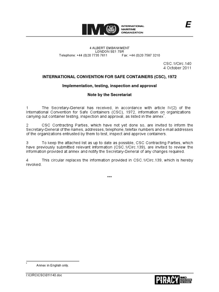 Imo - International Convention For Safe Containers (CSC), 1972-List of ...