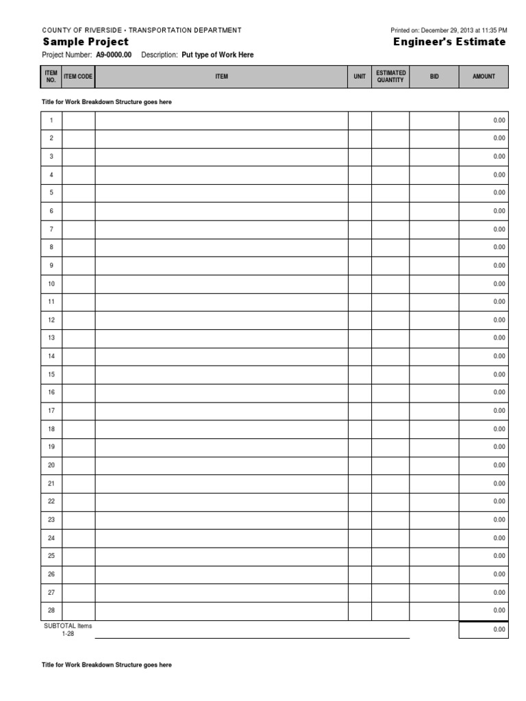 Sample Project Engineer's Estimate: County of Riverside ...