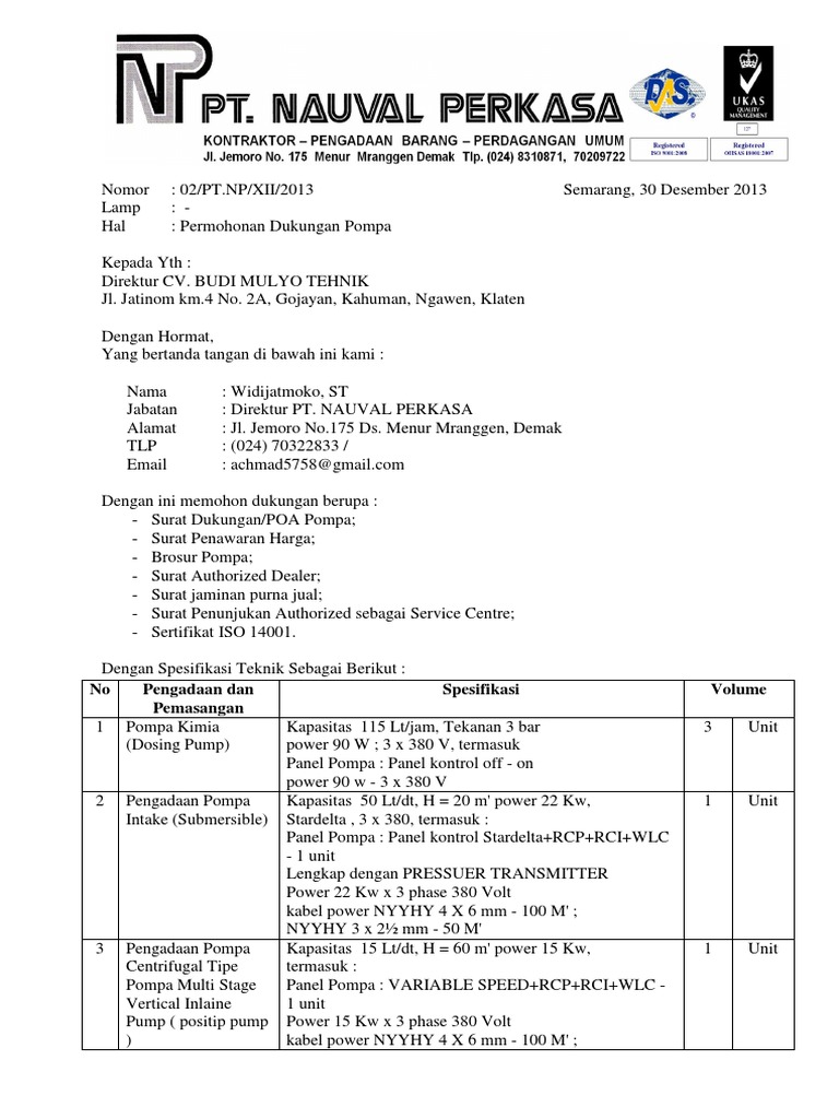 Permintaan Dukungan Pompa dan Genset untuk Proyek SPAM IKK | PDF