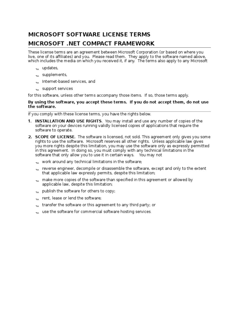 Microsoft .NET Compact Framework License | PDF | License | Software