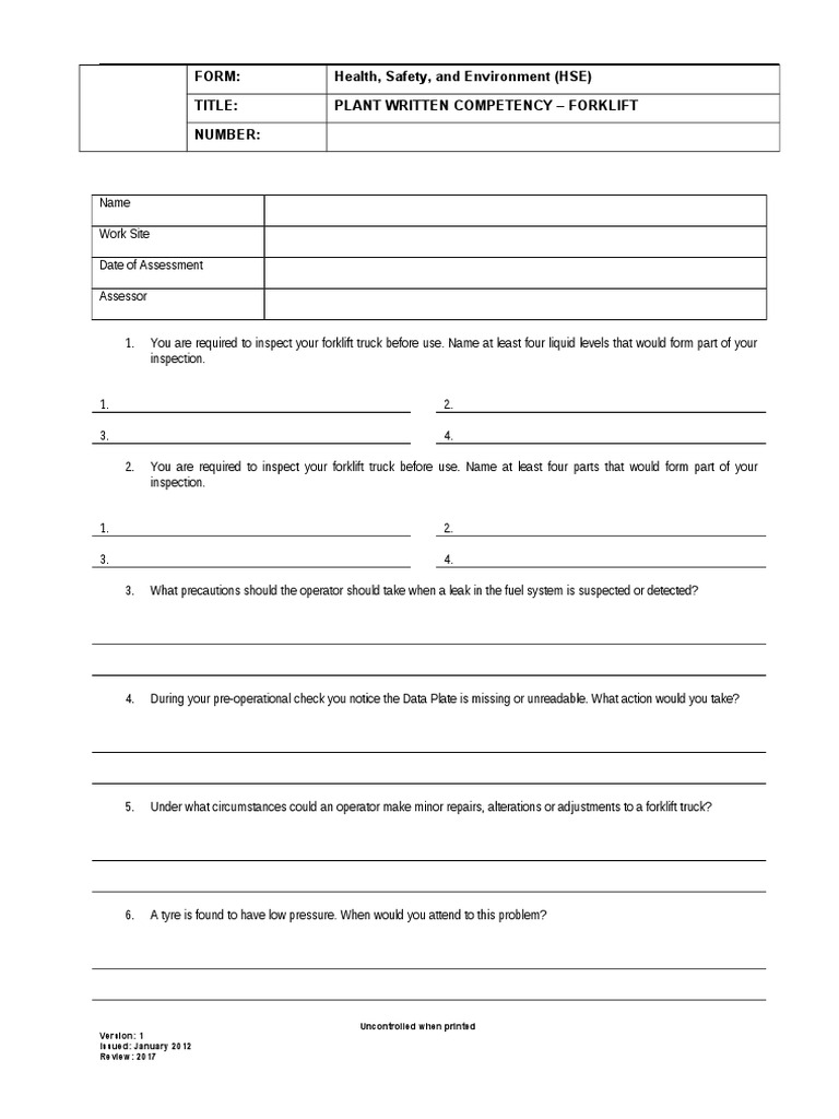 Forklift Operator - Competency Assessment | PDF | Forklift | Industries