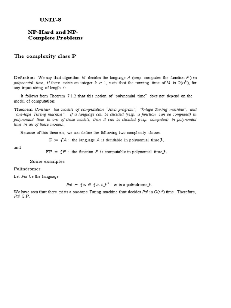 Unit 8 Np Hard And Np Complete Problems The Complexity Class P Pdf Time Complexity