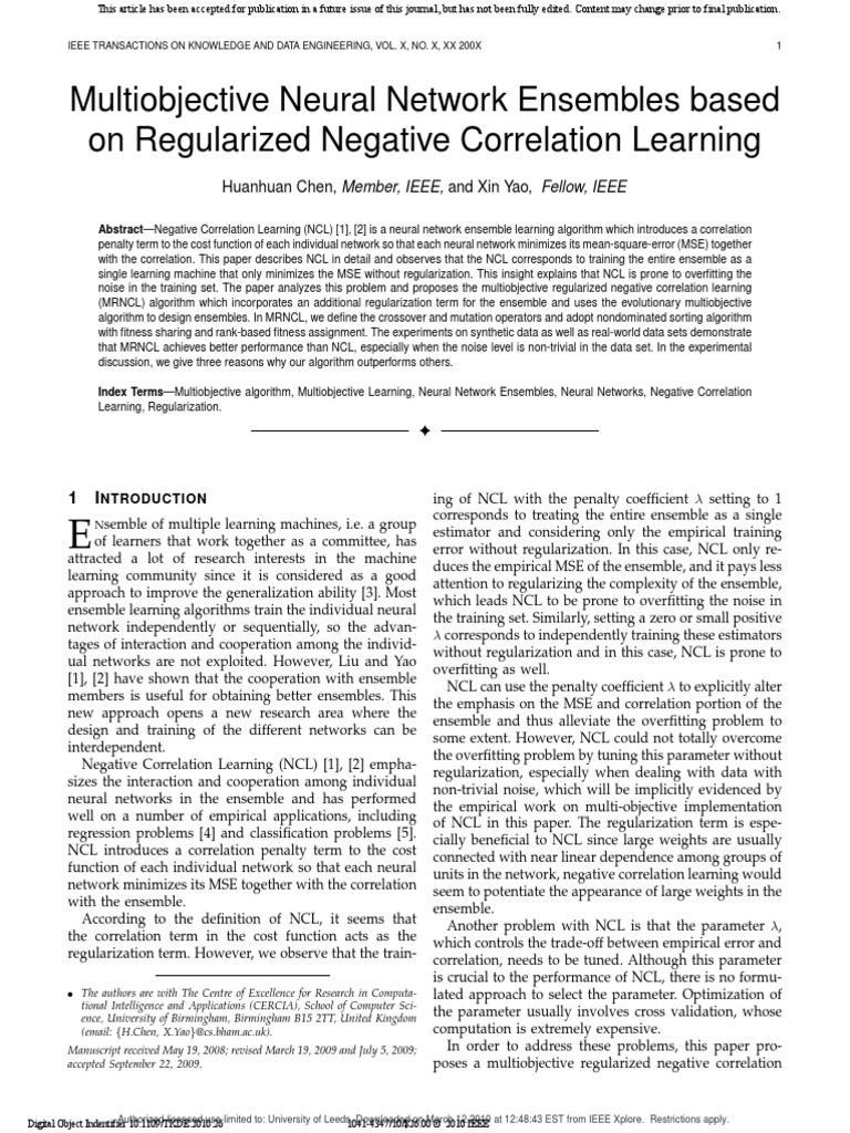 Multiobjective Neural Network Ensembles Based On Regularized Negative Correlation Learning | PDF ...