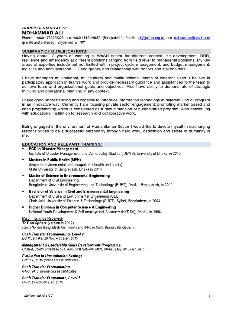 Mohammad Ali CV | PDF | Sanitation | Bangladesh