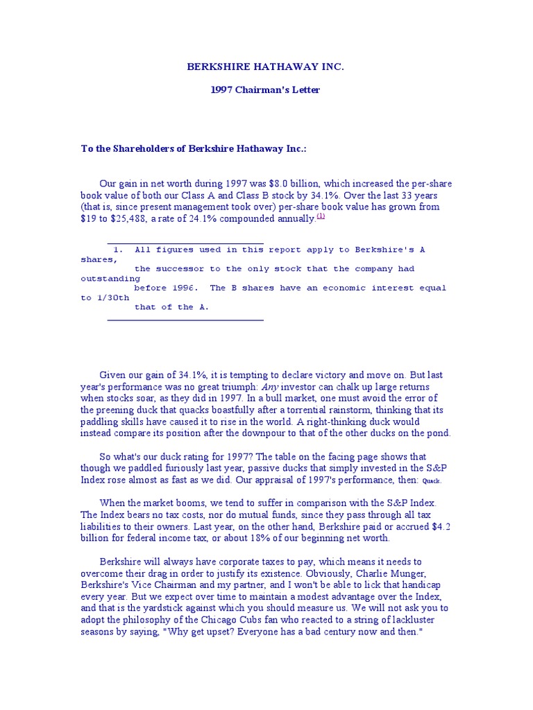 Berkshire Hathaway 1997 Shareholder Insights | PDF | Business | Finance ...