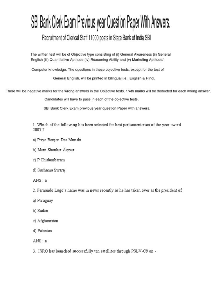 SBI Bank Clerk Exam Previous Year Question Paper | PDF | Reserve Bank ...