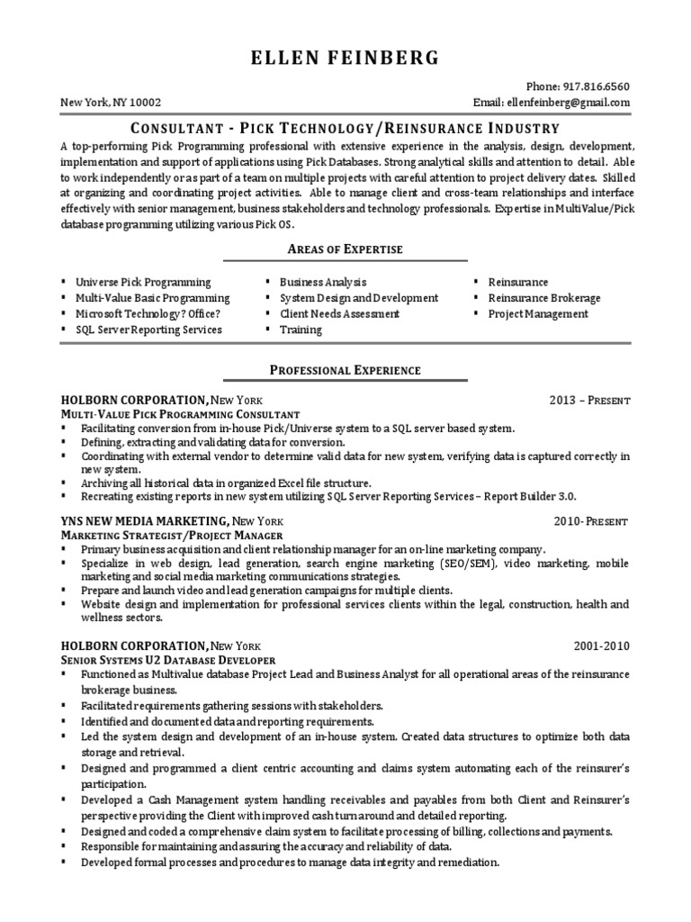 Pick Universe Programmer Analyst in NY Resume Ellen Feinberg | PDF ...