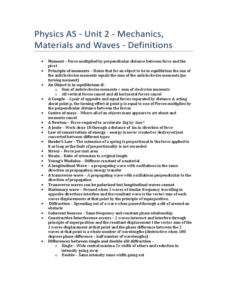 Physics - Unit 2 - Definitions | PDF | Waves | Force