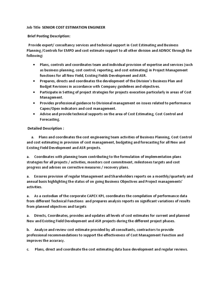 Senior Cost Estimation Engineer Role | PDF | Project Management | Cost ...