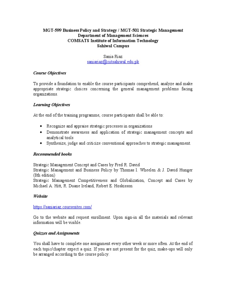 Strategic Management-Course Outline (MBA) | PDF | Strategic Management ...