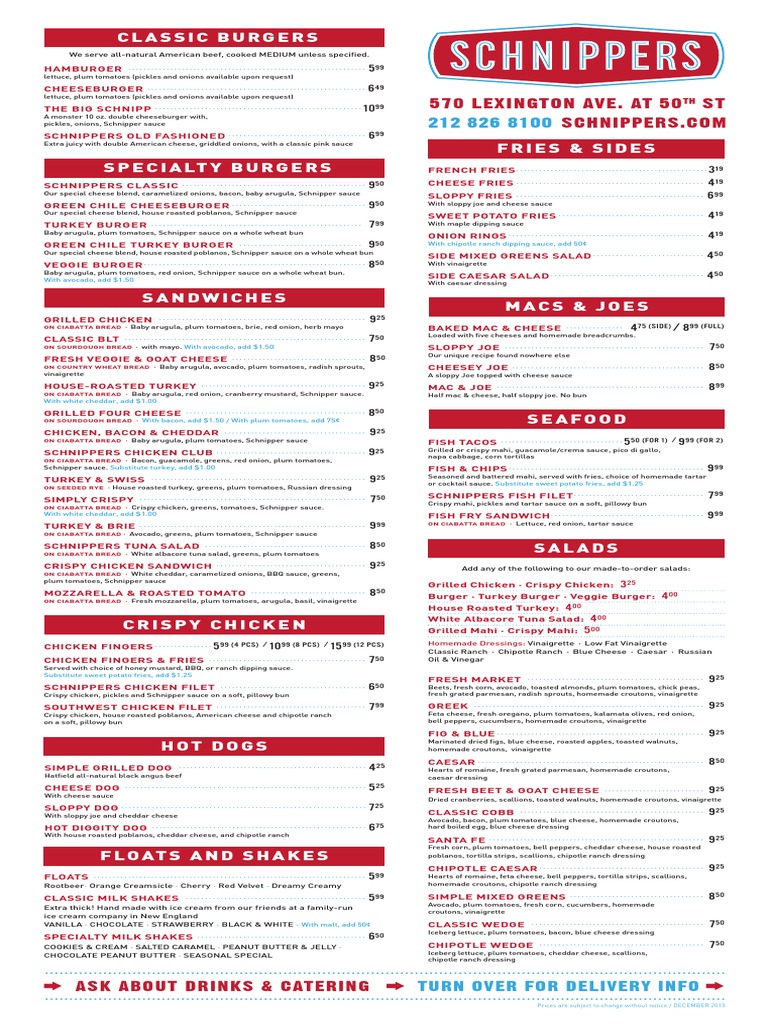 Schnippers Menu | PDF | Salad | Hamburgers