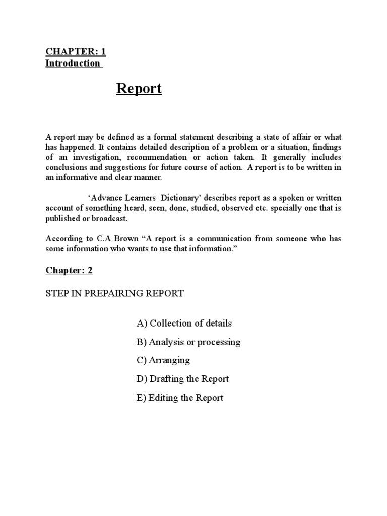 Step in Prepairing Report A) Collection of Details B) Analysis or ...