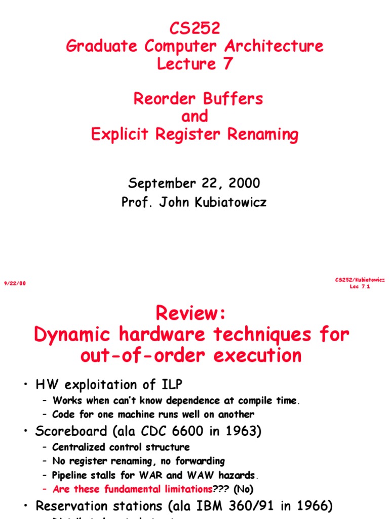 CS252 Graduate Computer Architecture Reorder Buffers and Explicit Register Renaming | PDF ...