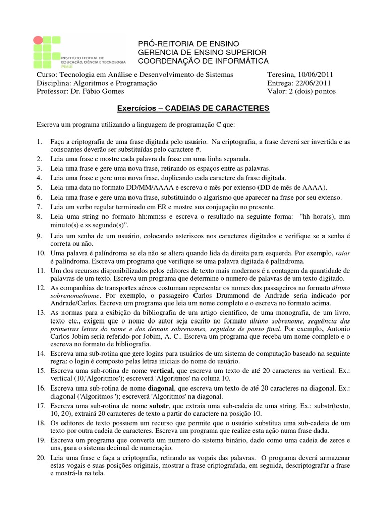 Exercícios de Algoritmos em C | PDF | Criptografia | String (Ciência da ...
