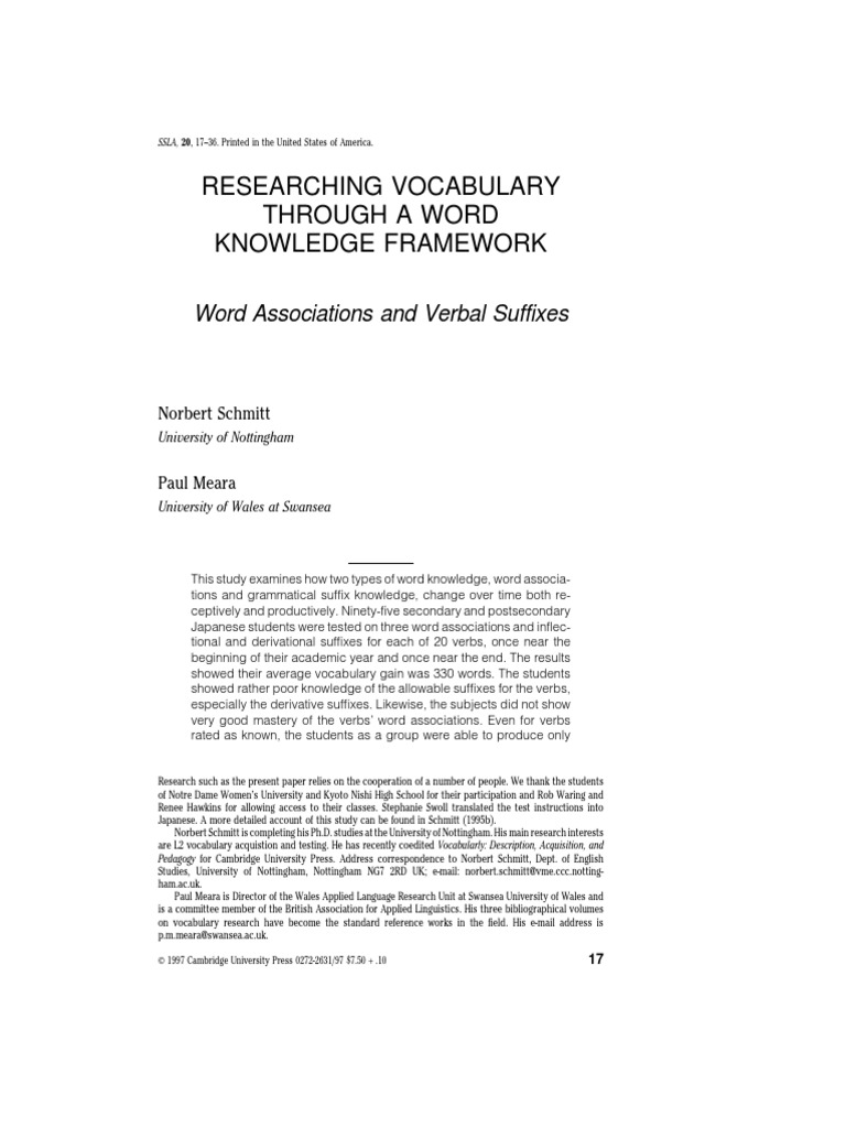 Researching Vocabulary Through A Word Knowledge Framework: Word ...