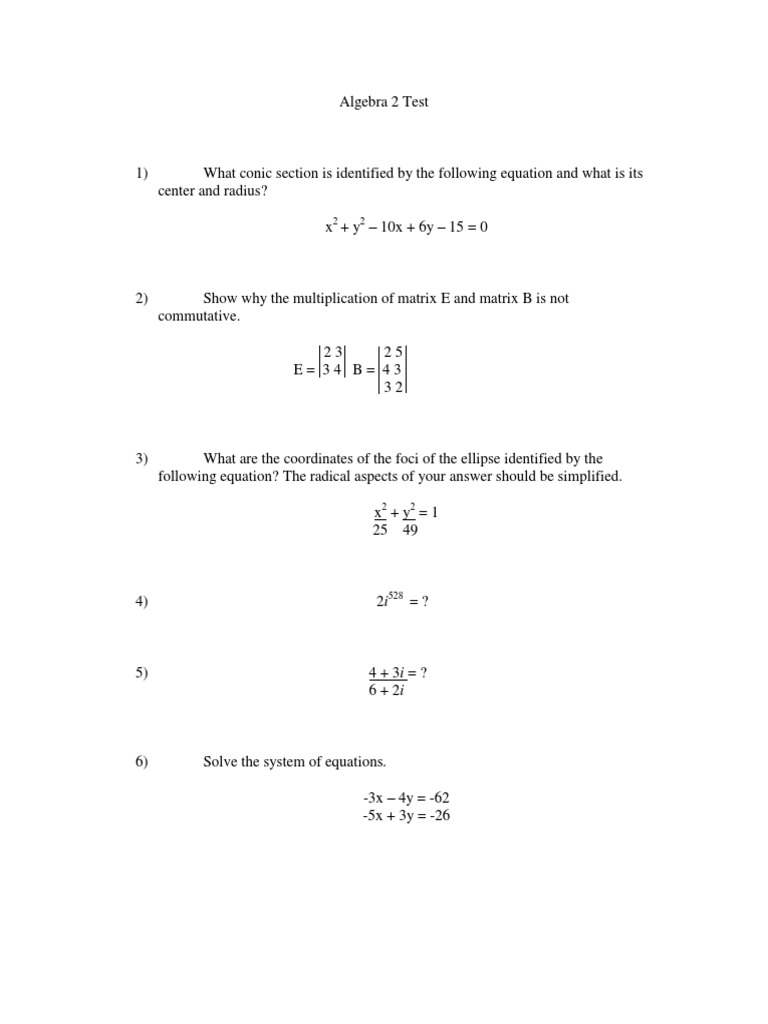 Algebra 2 Test | PDF | Science & Mathematics | Computers