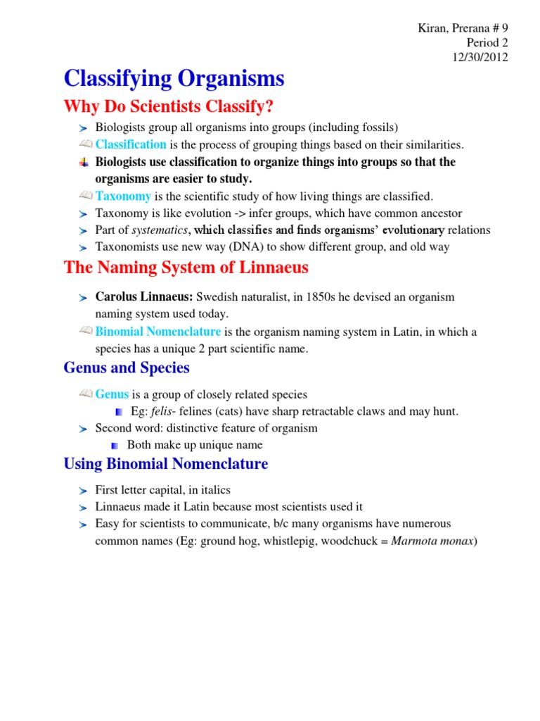 Classification of Organisms: An Explanation of Taxonomy and the ...