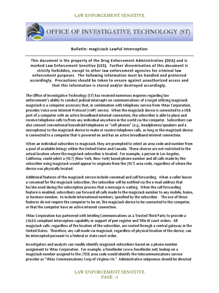 Bulletin: Magicjack Lawful Interception: Law Enforcement Sensitive ...