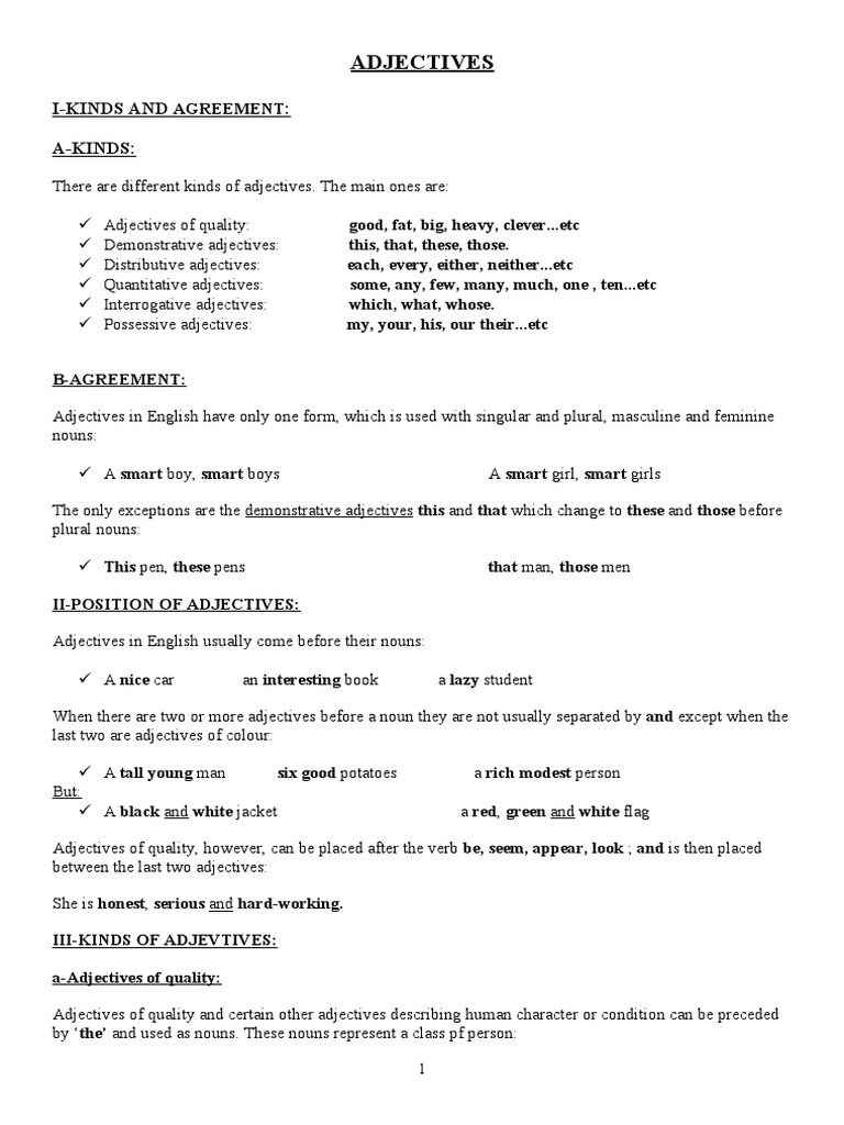 Types of Adjectives | PDF | Plural | Adjective