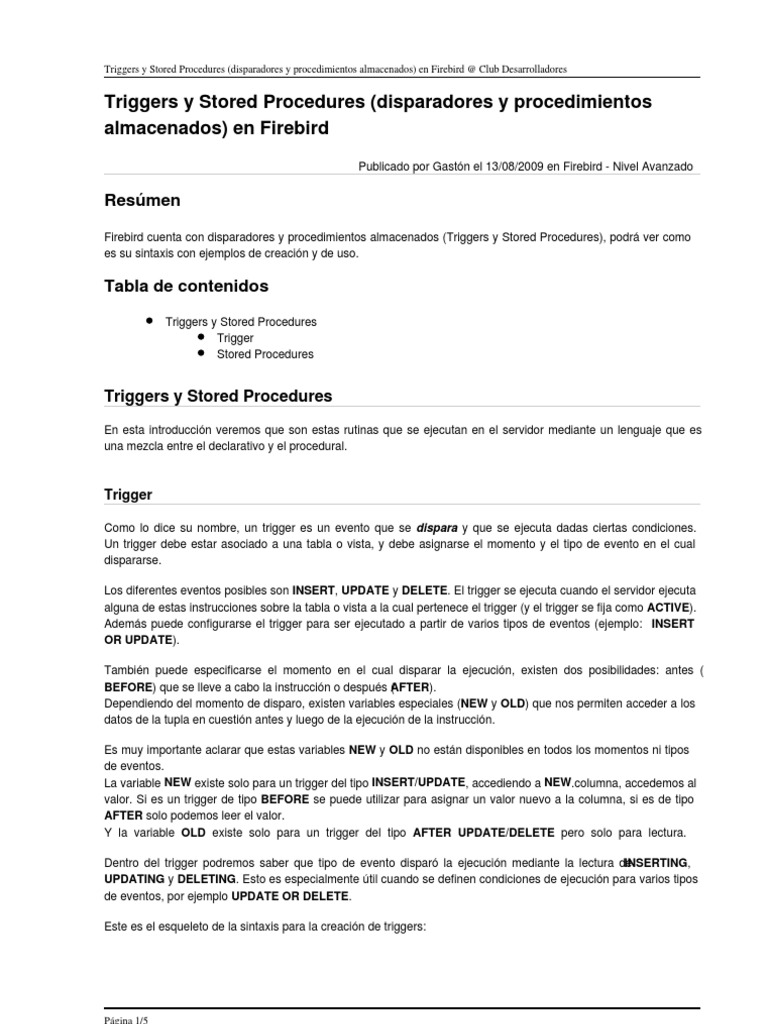 Triggers y Stored Procedures Disparadores y Procedimientos Almacenados en Firebird | PDF | Datos ...