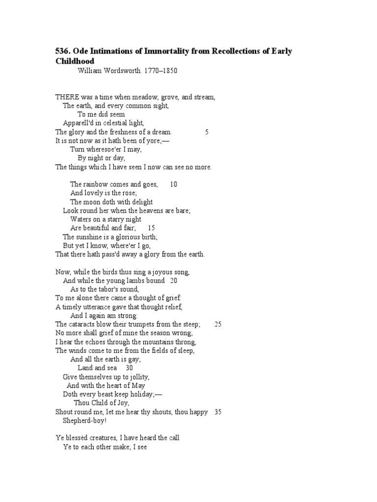 Ode Intimations of Immortality From Recollections of Early Childhood ...