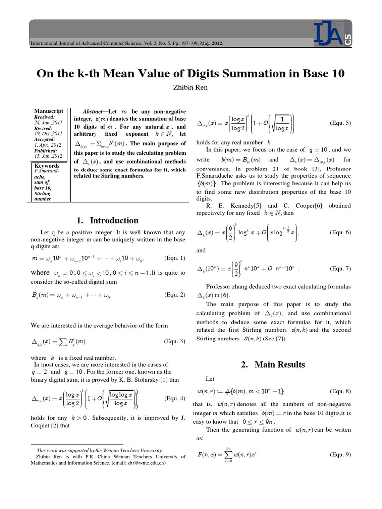 On The K-TH Mean Value of Digits Summation in Base 10 | PDF | Logarithm ...