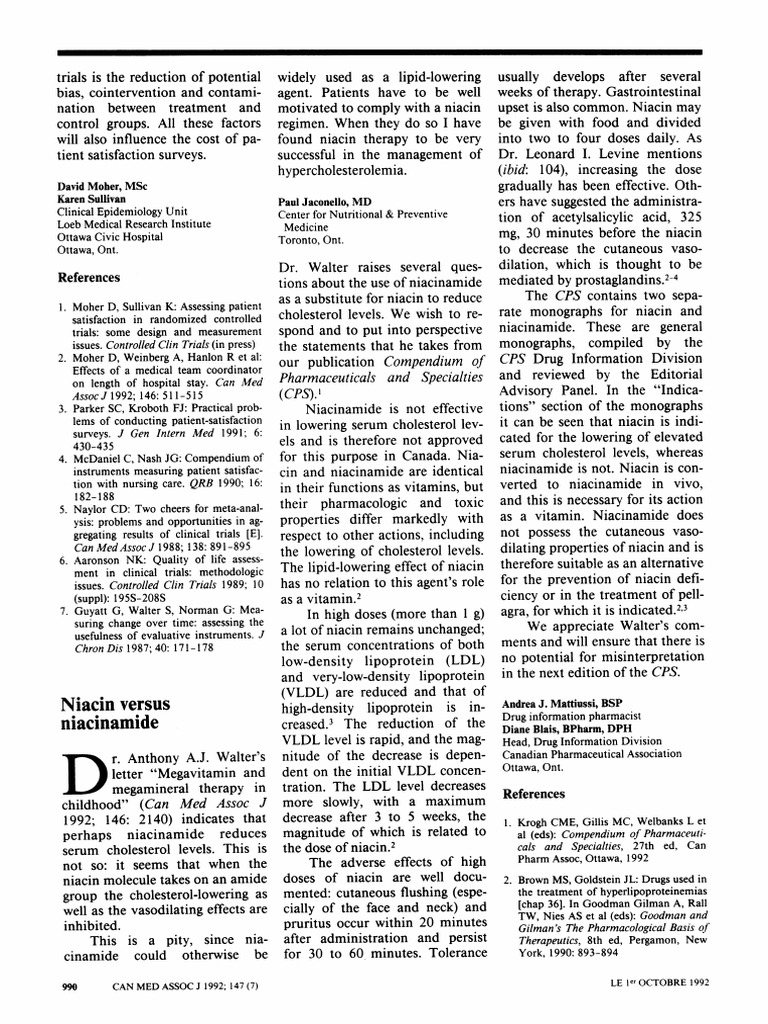 Pmid 1393911 Niacin Vs Niacinamide Pdf Nutrition Diet And Nutrition