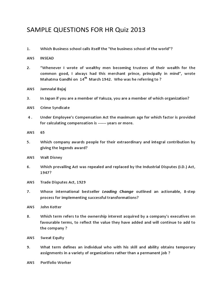 Sample Questions For HR Quiz 2013 | PDF | Employment | Business