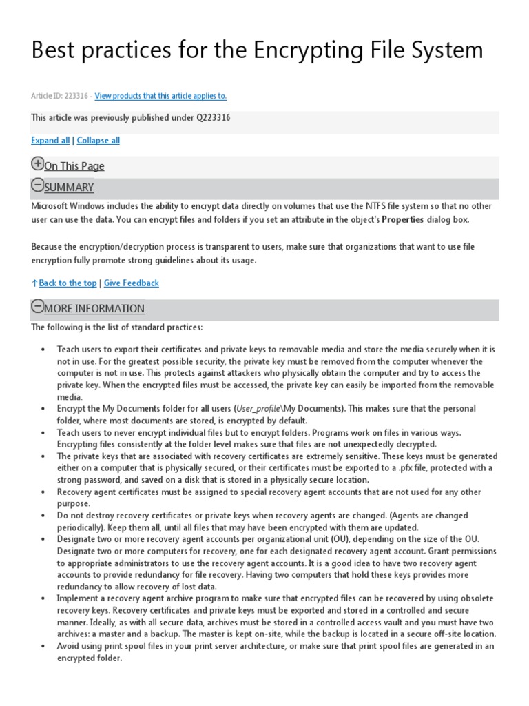 Best Practices For The Encrypting File System | PDF | Windows 2000 | Key (Cryptography)