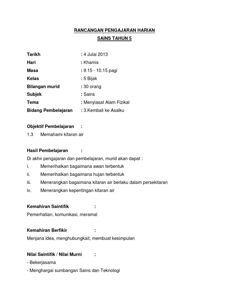 RPH Sains Tahun 5 Kitaran Air | PDF