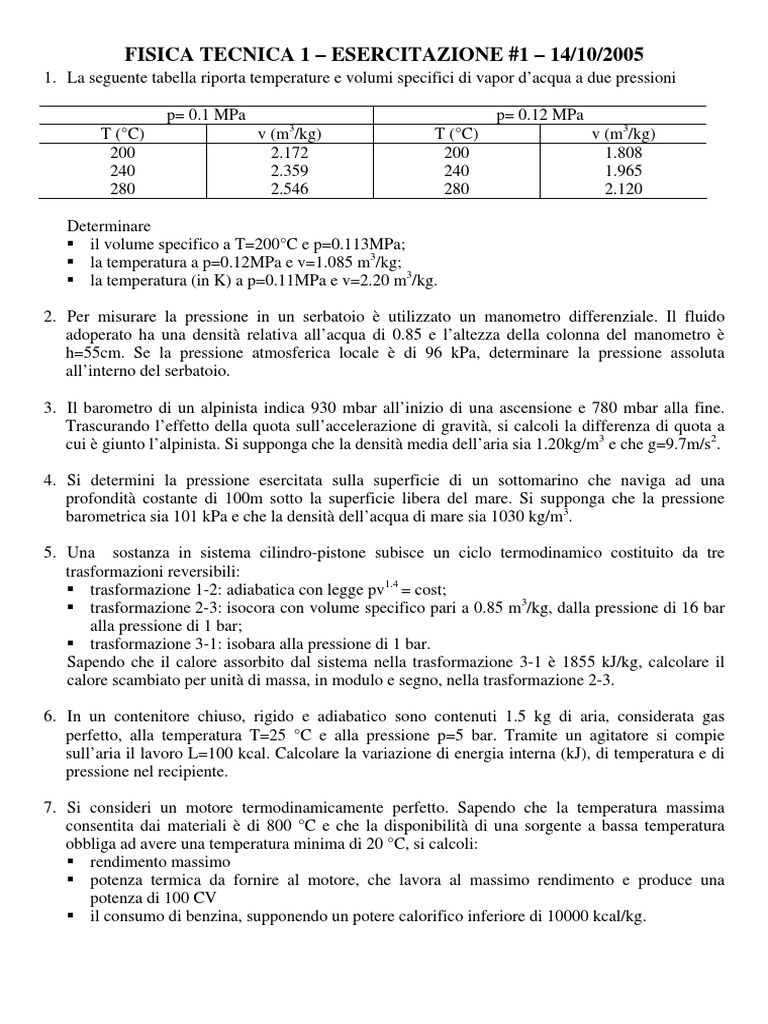 Fisica Tecnica I - 01 - Esercizi | PDF