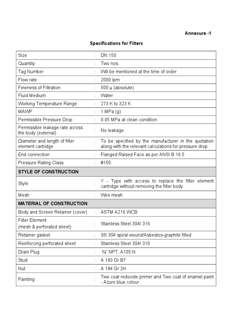 Annexure - 1 Specifications For Filters | PDF | Technology & Engineering