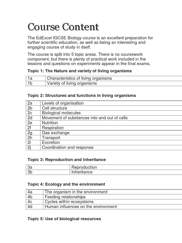 IGCSE Biology Course Content | PDF