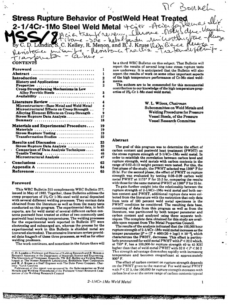 Stress Rupture Behavior of Post Weld Heat Treated 2 (1 4 Cr-1mo Steel ...