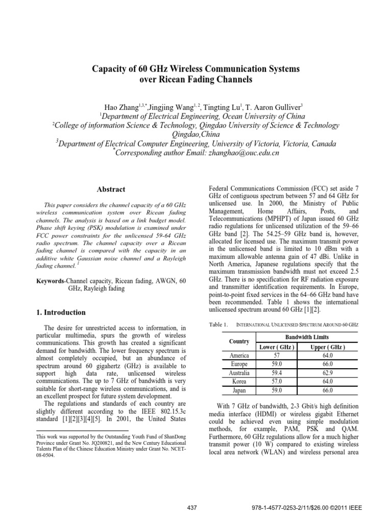 Capacity of 60 GHZ Wireless Communication Systems Over Ricean Fading ...