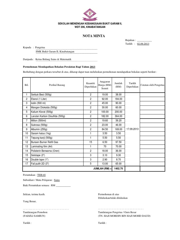 Format Nota Minta Sekolah | PDF
