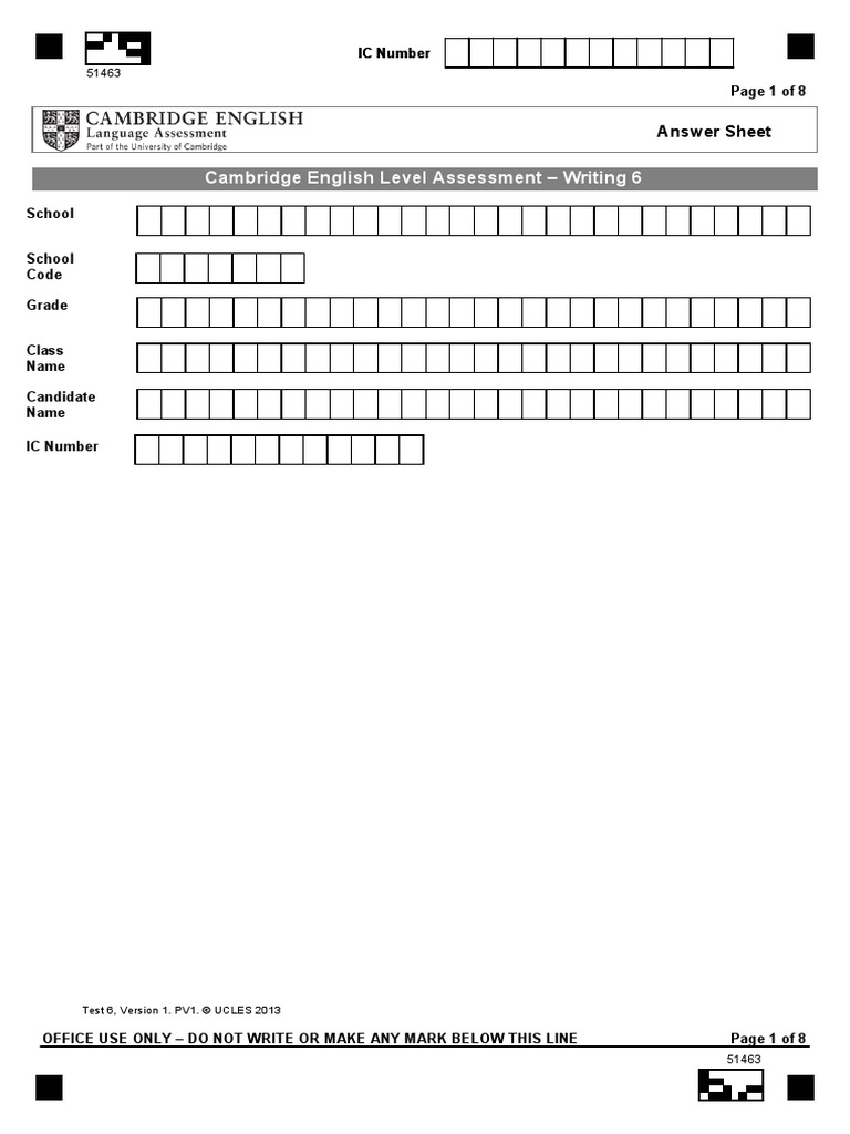 Cambridge English Level Assessment - Writing 6: Answer Sheet | PDF