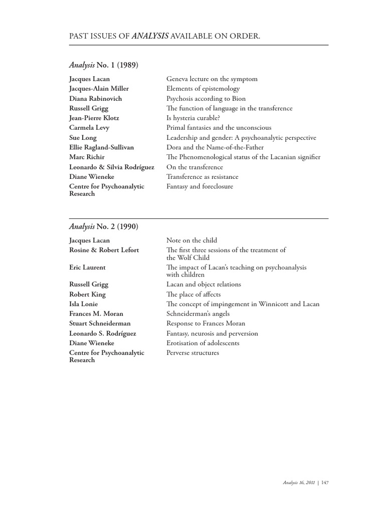 Analysis Journal Contents | PDF | Psychoanalysis | Jacques Lacan