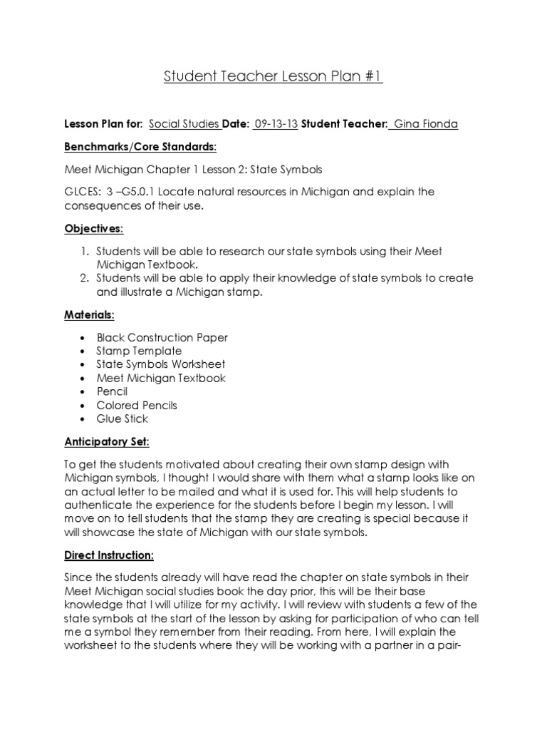 Michigan State Symbols Lesson Plan | PDF | Lesson Plan | Cognition
