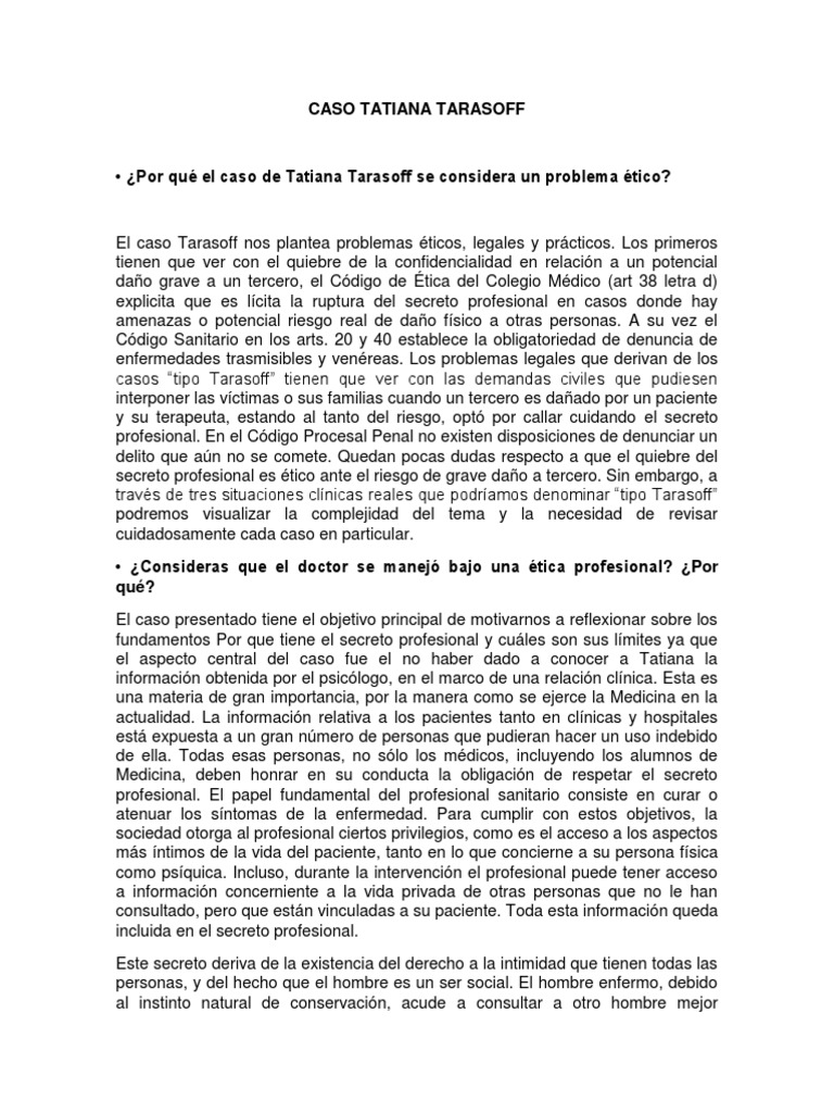Caso Tatiana Tarasoff | PDF | Confidencialidad | Medicina