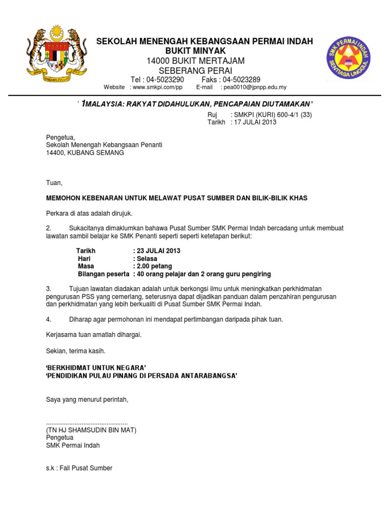 Surat Rasmi Lawatan Penanda Aras Contoh Pengantar X - Riset