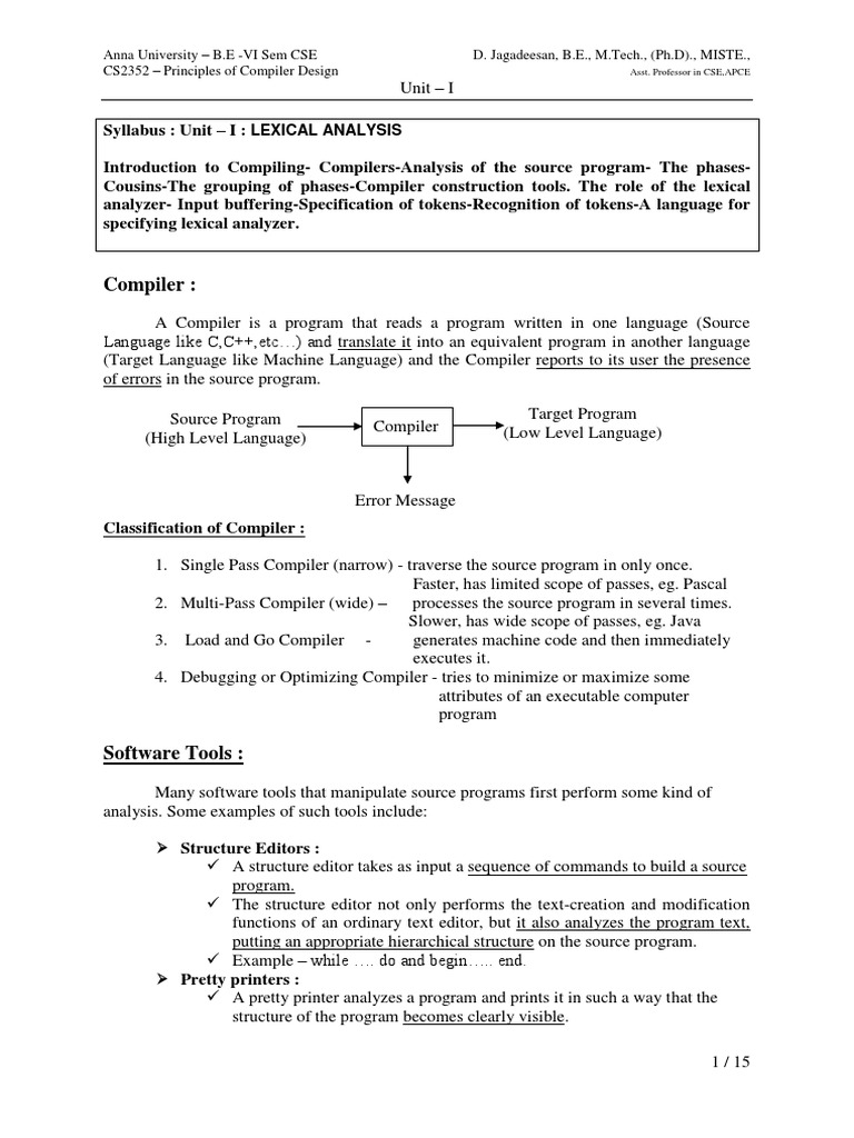 PCD Notes - Unit - 1 | PDF | Compiler | Parsing