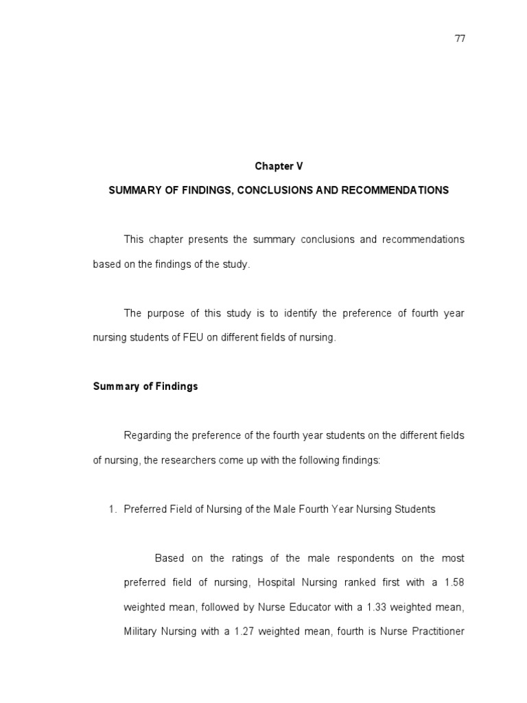 Summary of Findings, Conclusions and Recommendations | PDF | Nursing ...