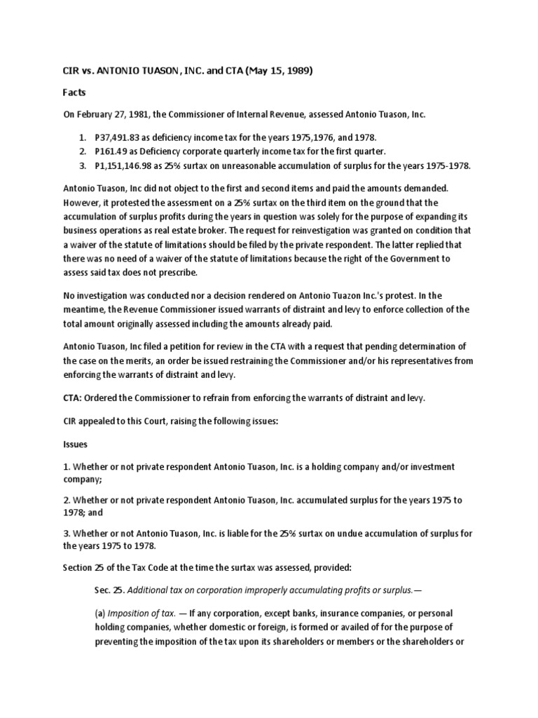 106 CIR v. Antonio Tuason | PDF | Dividend | Taxes